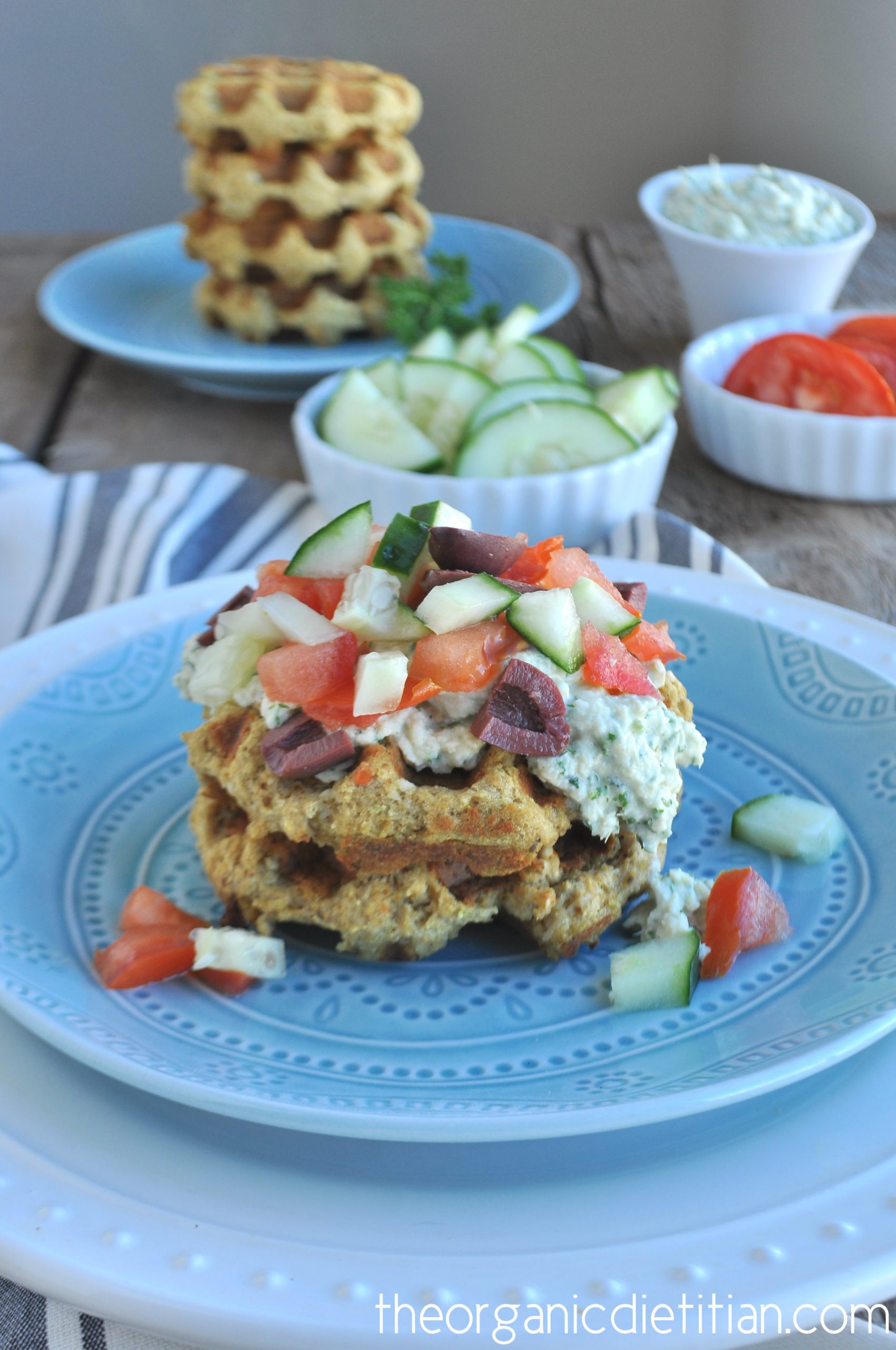 Savory Falafel Waffles with Artichoke Tzatziki - The Organic Dietitian